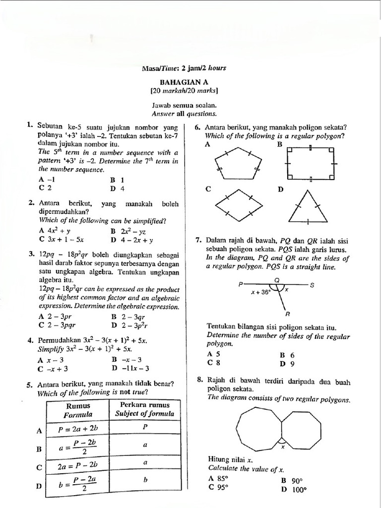 Form 2 Math Uasa Set 1 | PDF