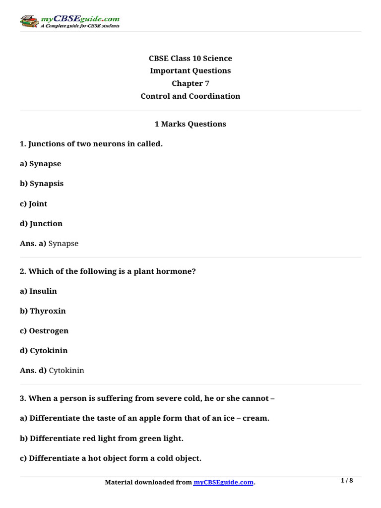 10 Science Imp ch7 1 | PDF | Hormone | Brain