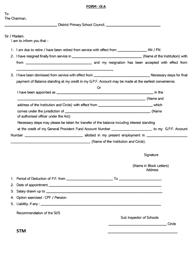 PF Provident Fund TRANSFER FORMAT IX A IX-A Pry Final Withdrawal | PDF ...