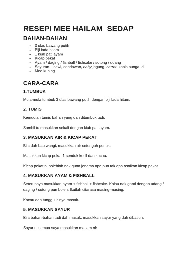Resepi Mee Hailam Sedap dan Mudah | PDF | Memasak, Makanan, & Anggur