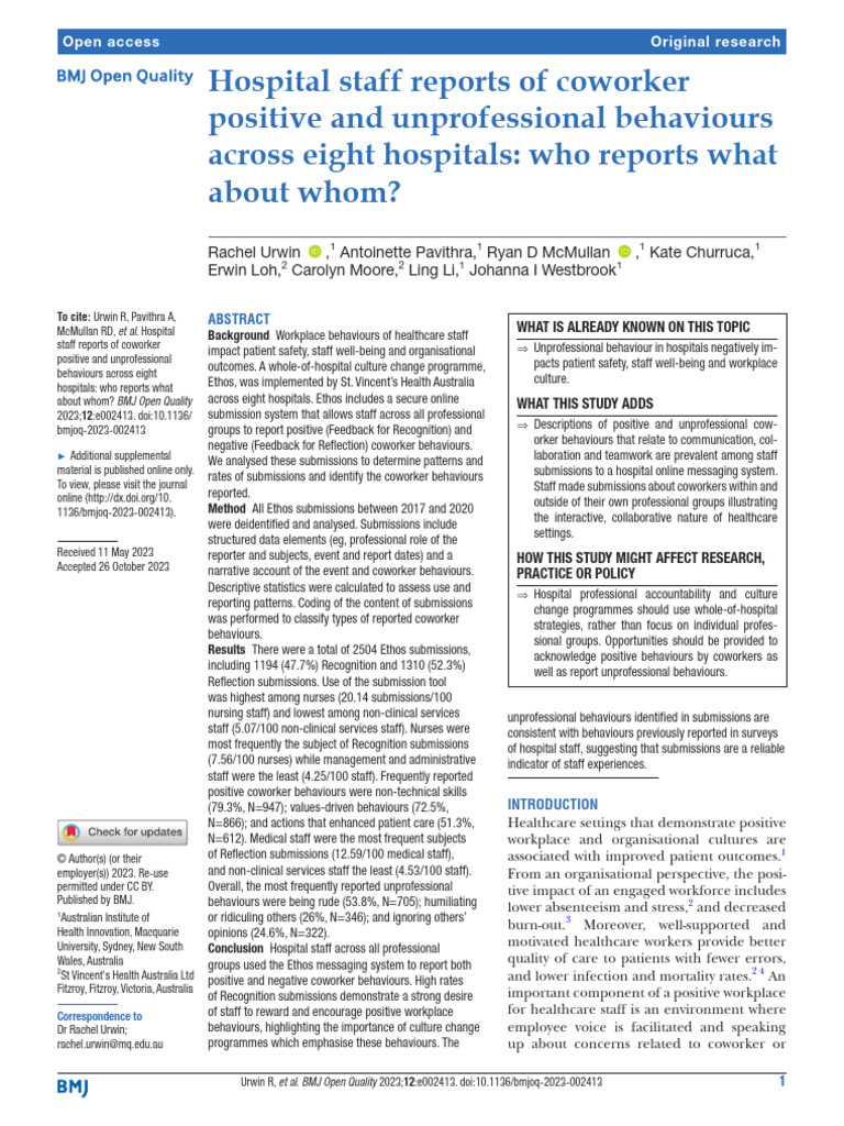 Hospital Staff Reports of Coworker Positive and Un | PDF | Nursing ...