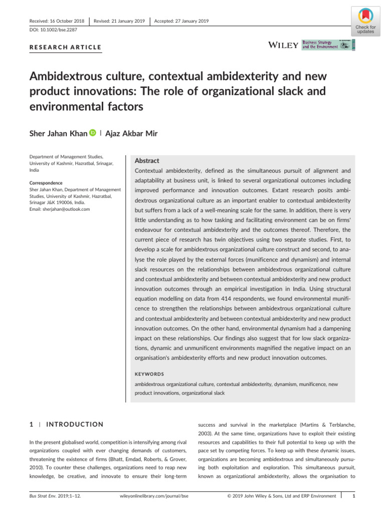 Ambidextrous Culture, Contextual Ambidexterity and New Product Innovations - The Role of ...