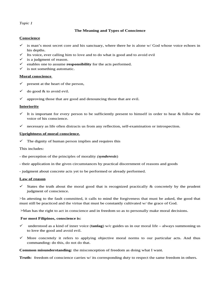 Topic 1 The Meaning and Types of Conscience | PDF | Conscience | Grace In Christianity