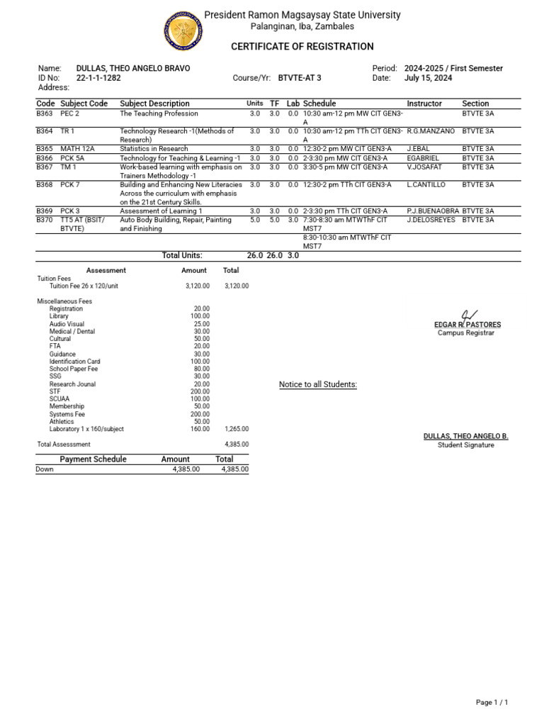 Certificate of Registration: Name: Period: ID No: Course/Yr: Date ...