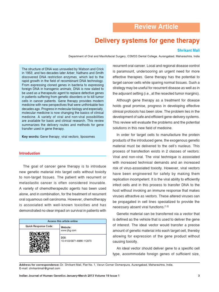 Delivery System For Gene Therapy | PDF | Viral Vector | Virus