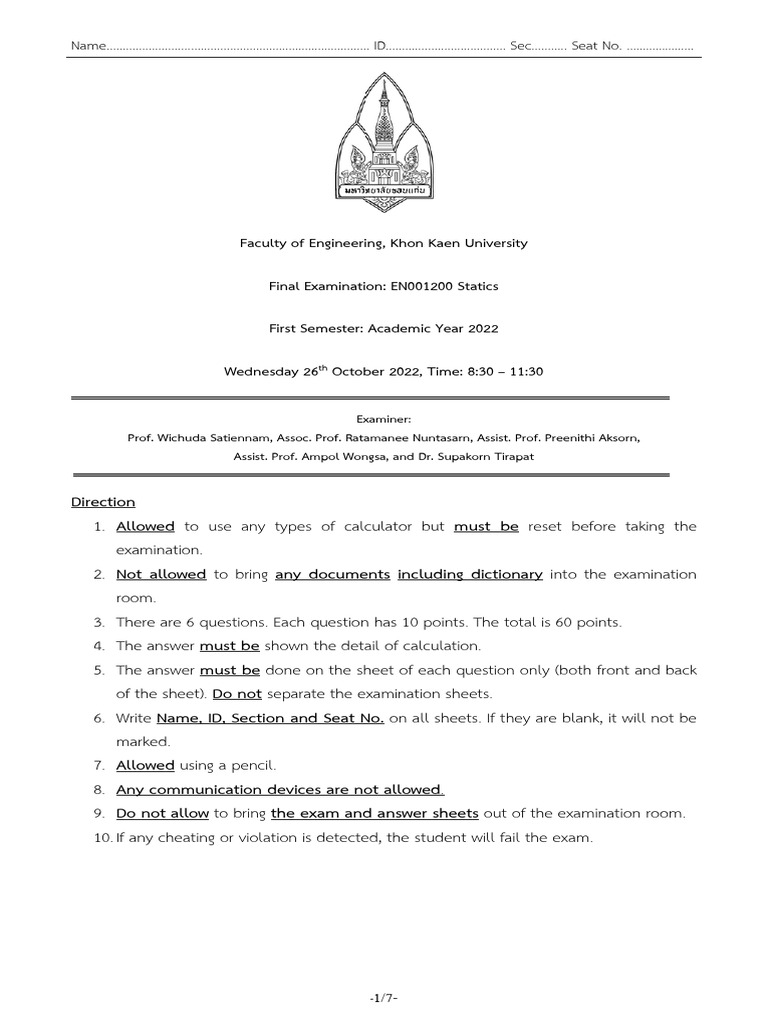 Final Exam EN001200 Statics Guide | PDF | Classical Mechanics ...