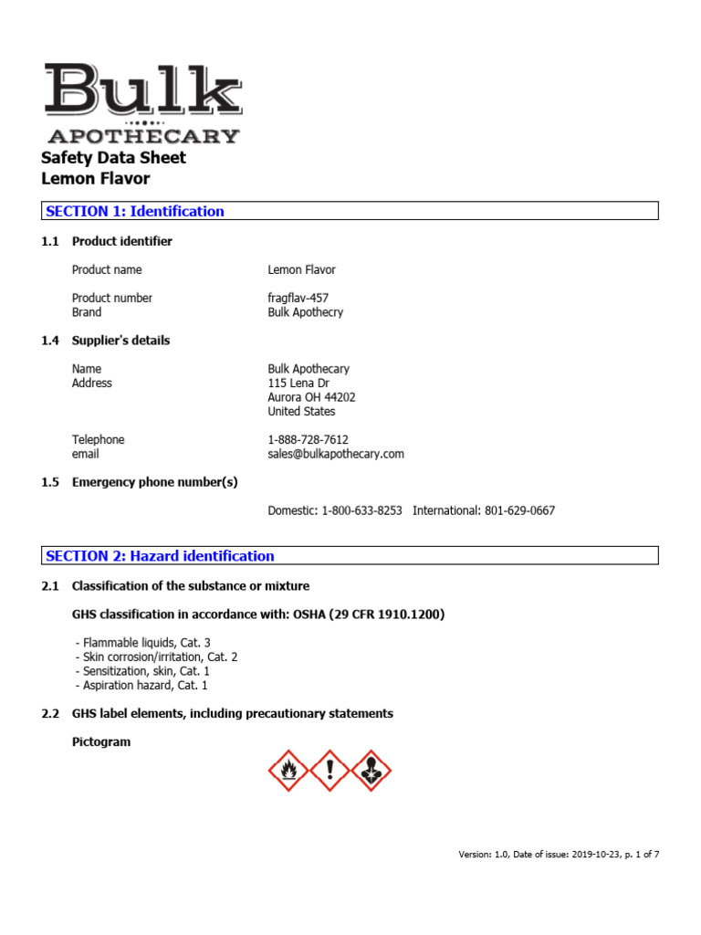 Lemon Flavor - Lemon Oil 50% | PDF | Personal Protective Equipment ...