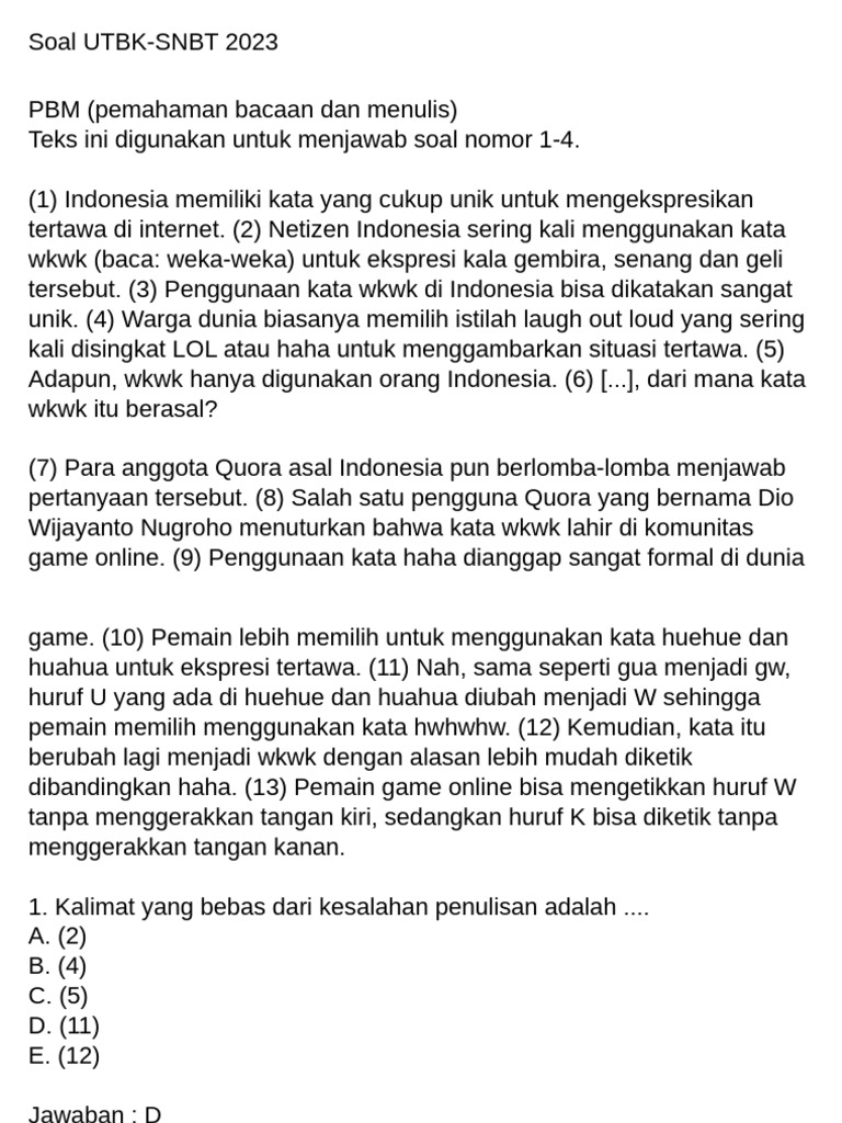 Contoh Soal Utbk SNBT 2023 | PDF | Olahraga & Rekreasi | Seni & Disiplin Bahasa