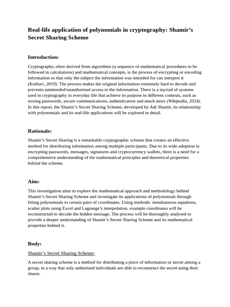 Math Ext Shamir's Secret Sharing Scheme | PDF | Polynomial | Equations