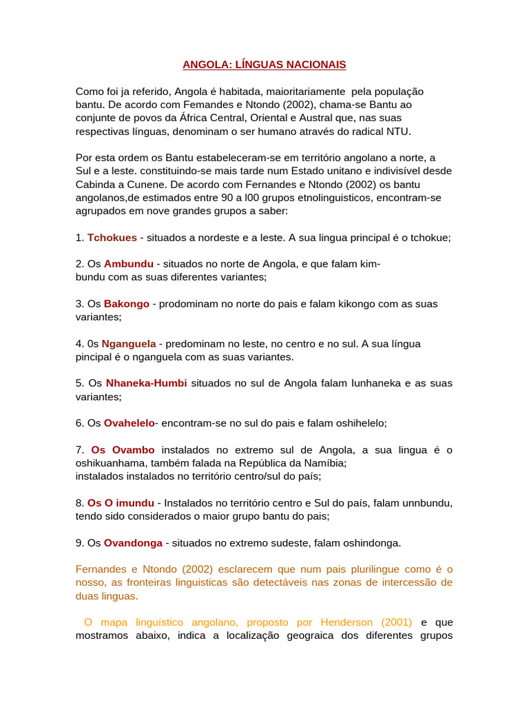 Línguas Nacionais de Angola: Grupos Bantu | PDF | Angola