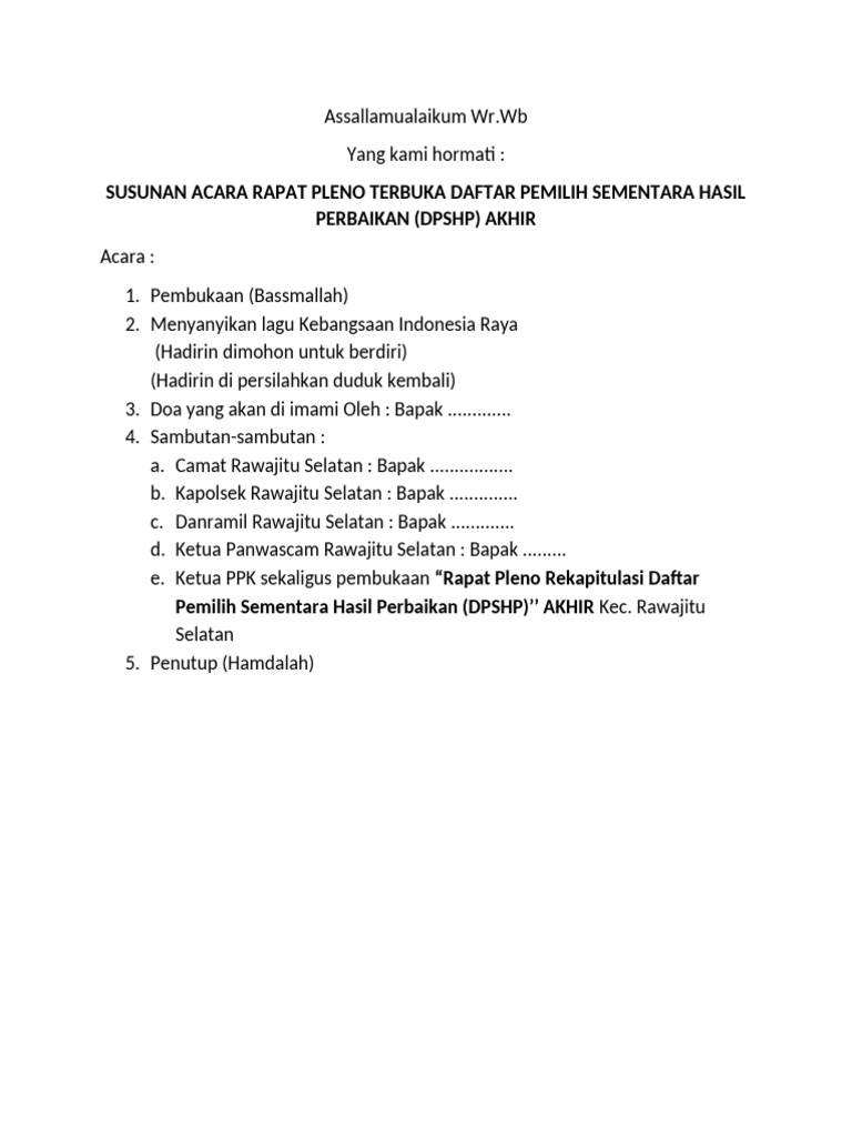 Susunan Acara Rapat Pleno DPSHP | PDF