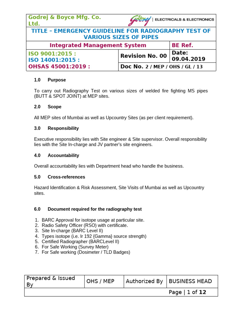 Radiography Testing Guidelines for Pipes | PDF | Radiation | Ionizing ...