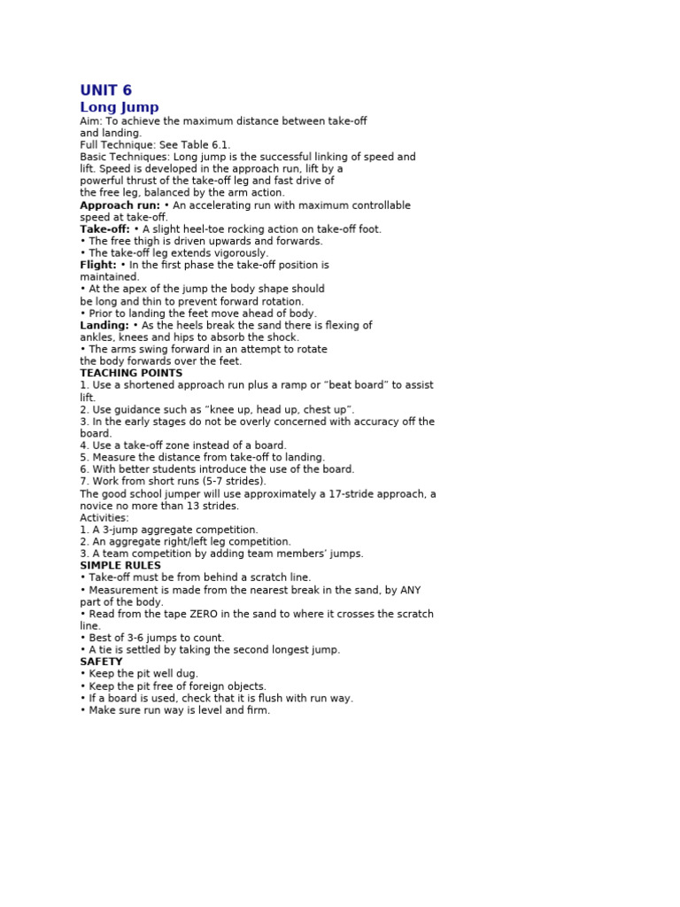 Unit 6 Long Jump: Approach Run: Take-Off: Flight | PDF | Wellness