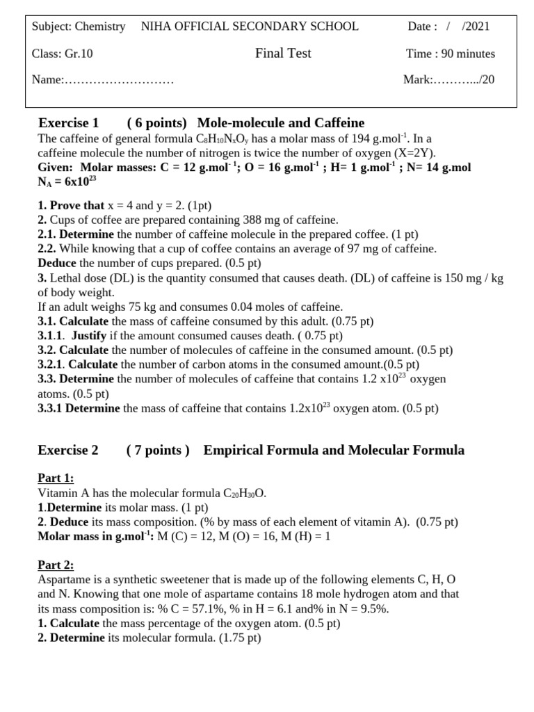 Final Niha 2021 Only First 3 Lessons | PDF | Mole (Unit) | Caffeine