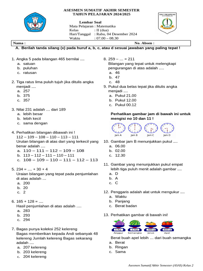 ASESMEN SUMATIF AKHIR SEMESTER Matematika Kelas 2 | PDF