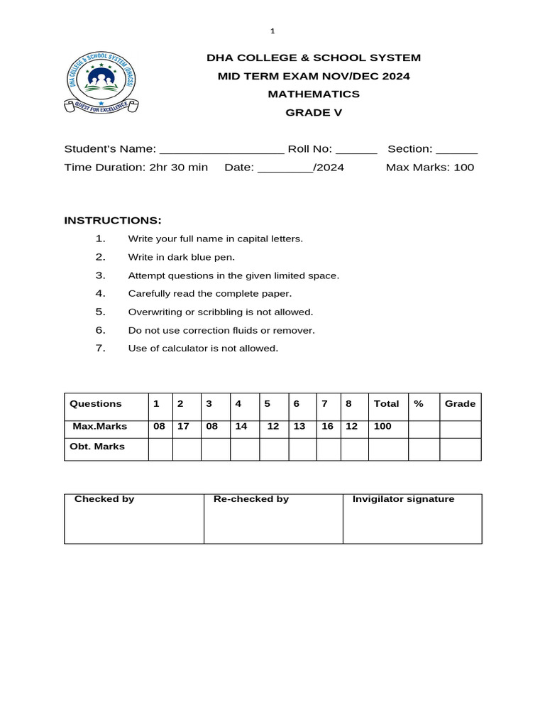 Grade V Math Exam Guide | PDF | Arithmetic | Elementary Mathematics