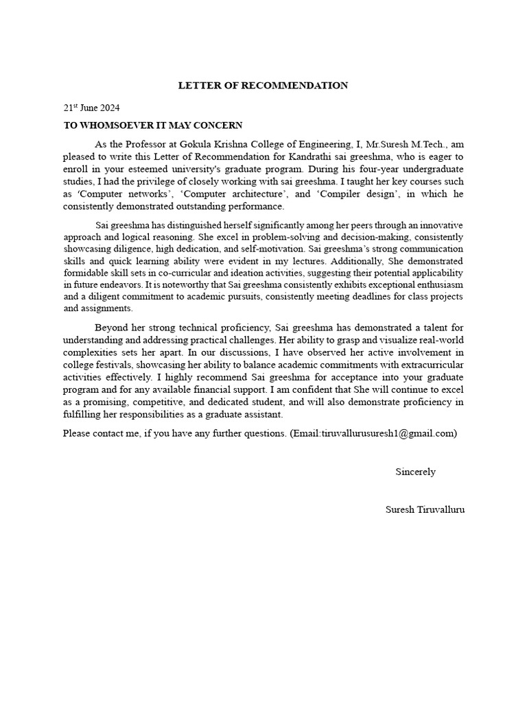 Suresh Sir LoR | PDF | Career & Growth