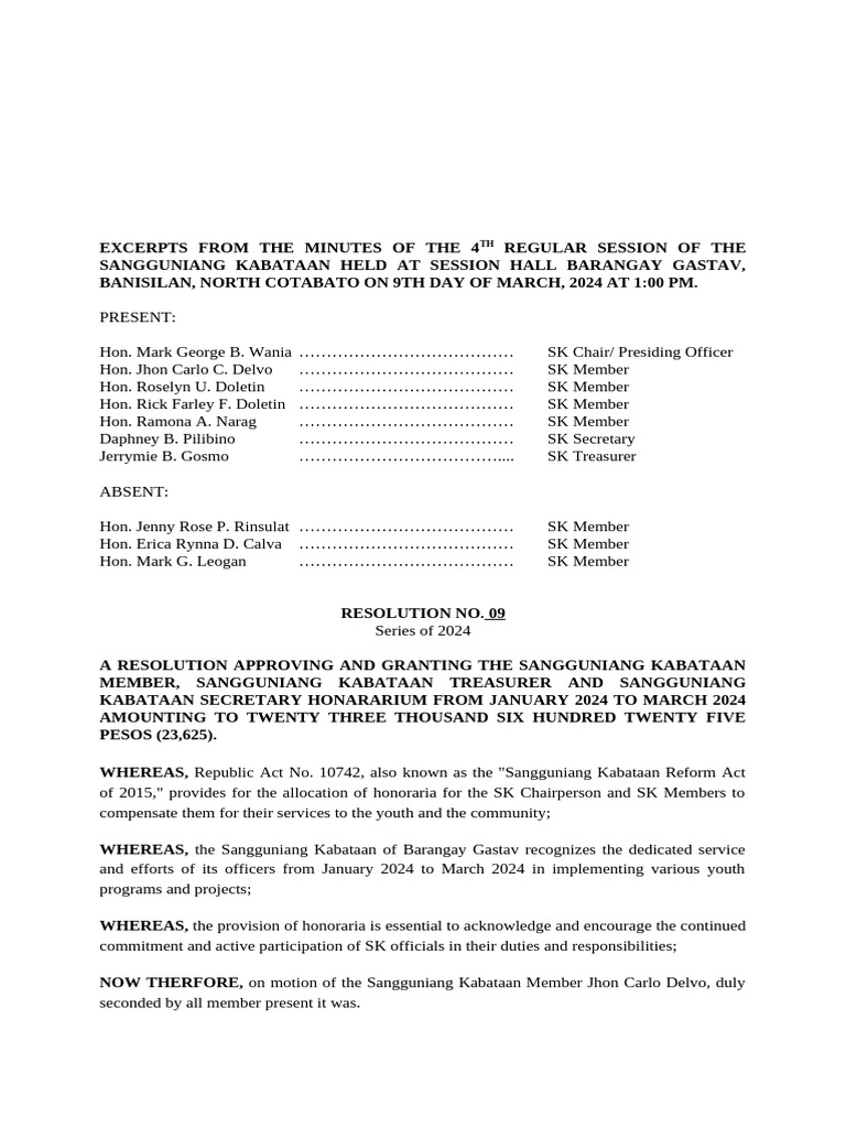 RESOLUTION 9, SK Hono Jan - Dec. | PDF | Youth | Youth Organizations