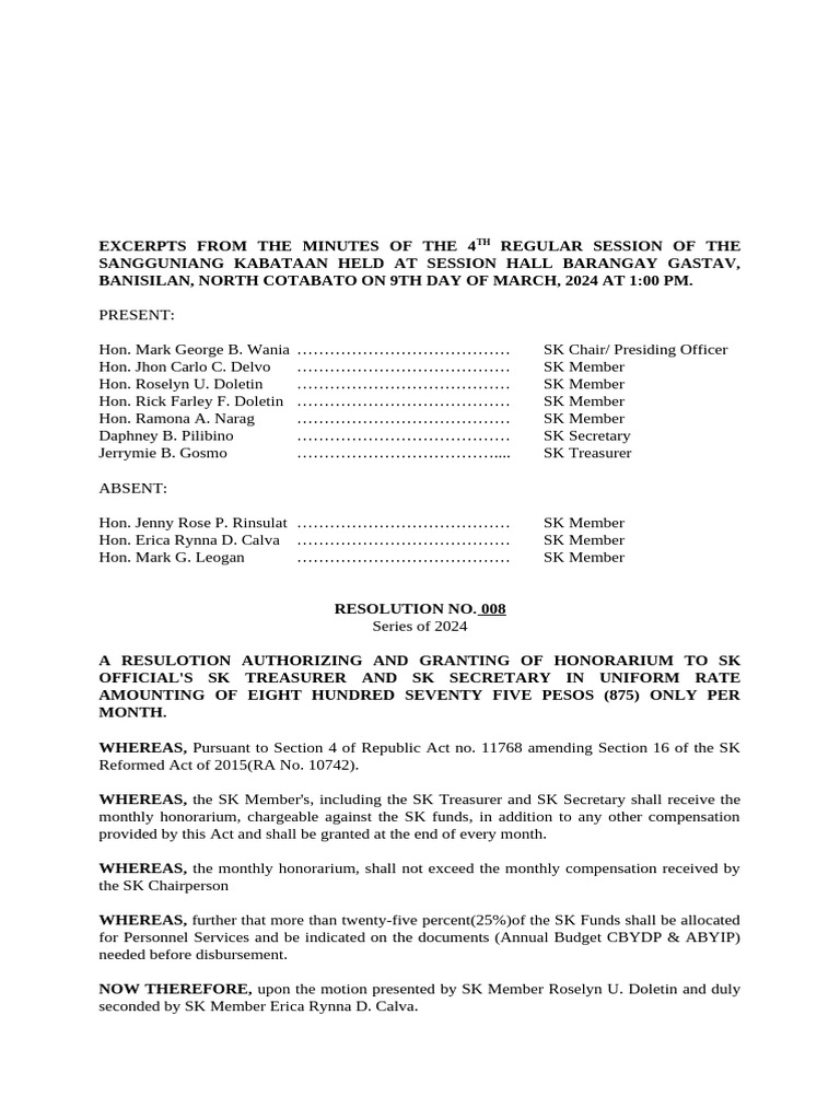 RESOLUTION 8 Ps Honorarium | PDF | Government