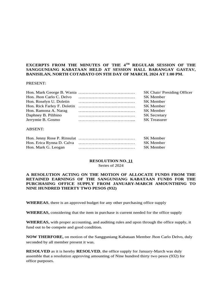 Resolution 11, Procurement of Office Supply | PDF | Youth Organizations
