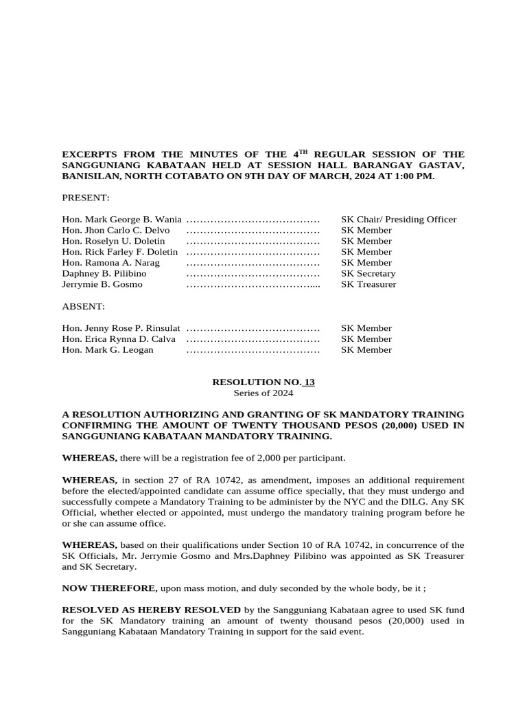 SK Mandatory Training Funding Resolution | PDF