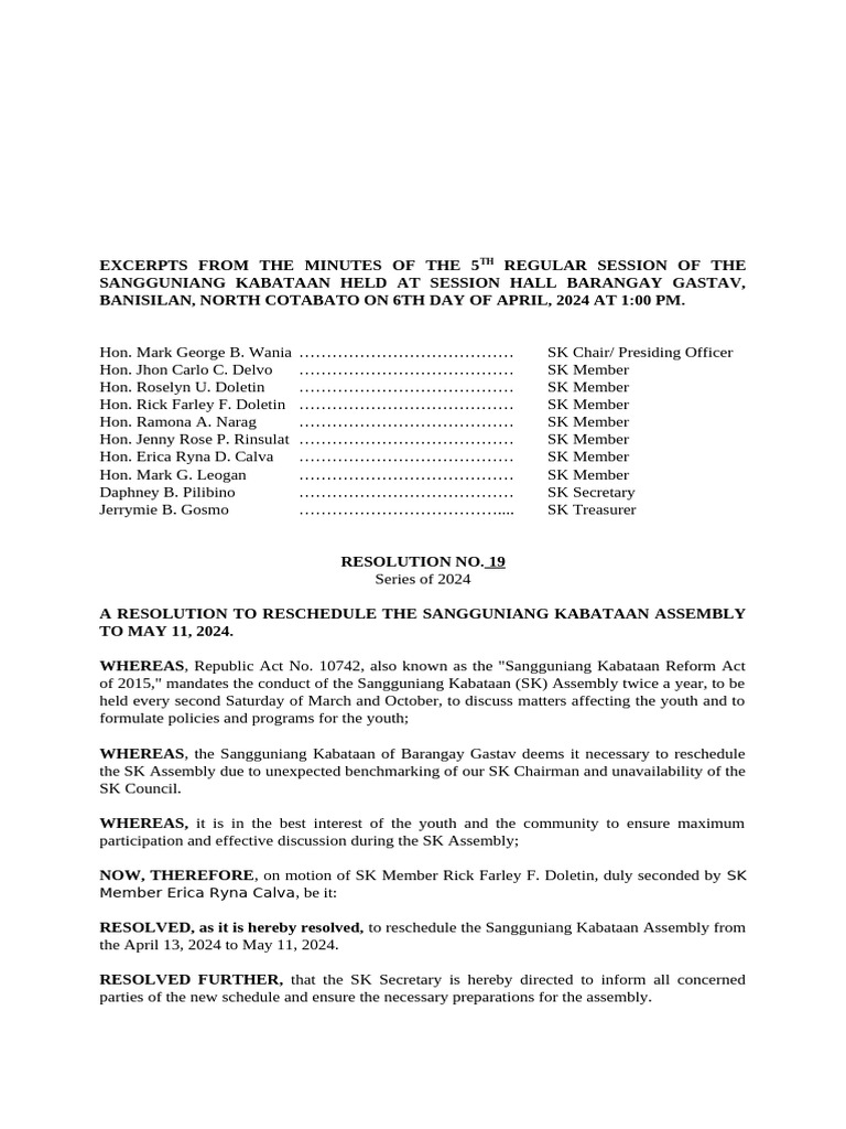 Resolution 19, Reschedule of KK Assembly | PDF | Government