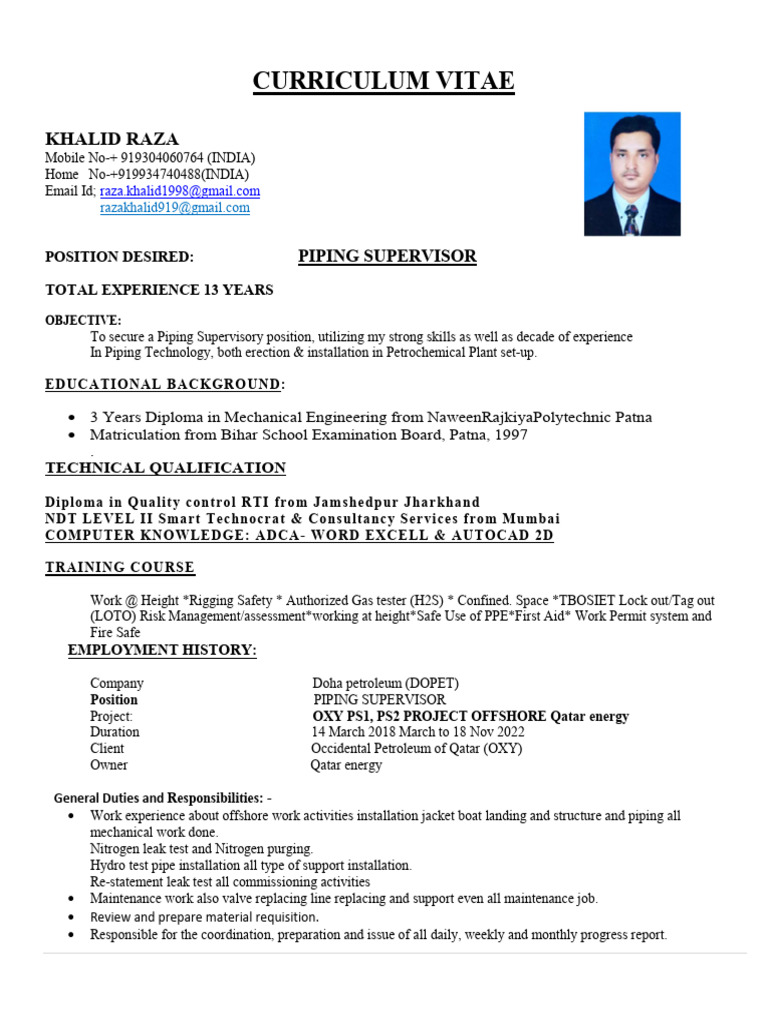 Khalid Raza Piping Supervisor | PDF | Engineering