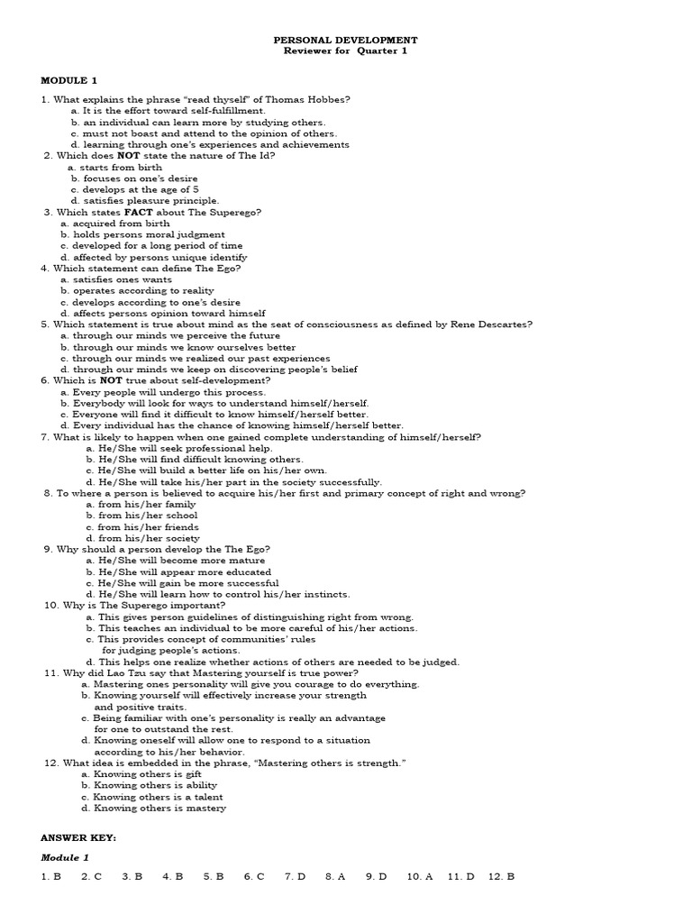 Personal Development Q1 Review | PDF | Adolescence | Psychology