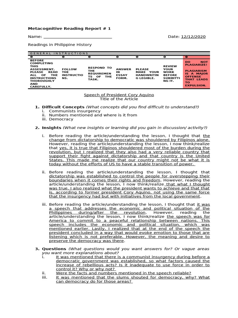 Metacognitive Reading Report Template | PDF | Democracy | Political ...