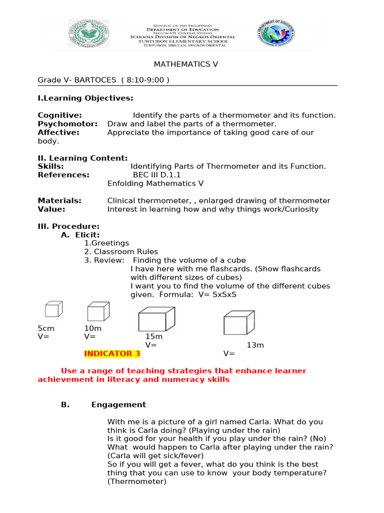 CO Lesson Plan in Math 5 4th Quarter Ok | PDF | Thermometer | Literacy