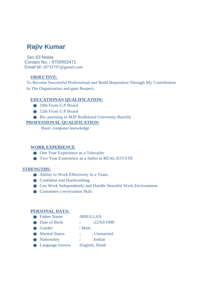 Resume of Rajiv Kumar For Real Estate Internal | PDF