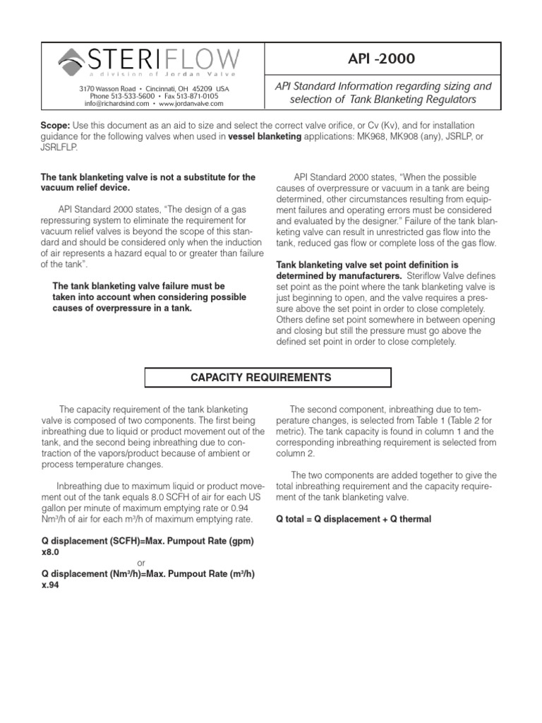 Blanket Gas Regulator Selection and Guidelines - API - 2000 - Im | PDF | Valve | Gases