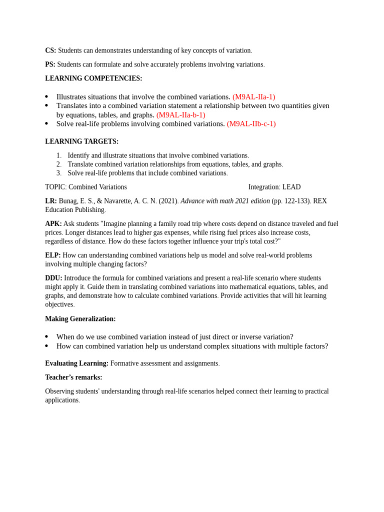 Combined Variations for Students | PDF