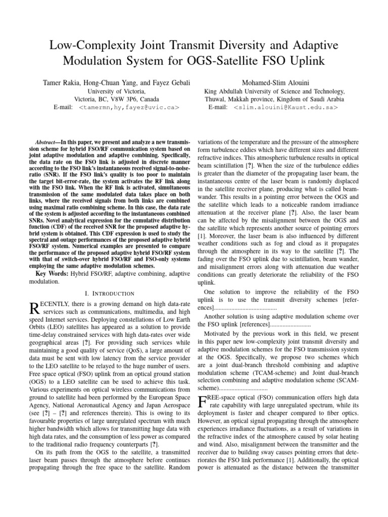 Fso Uplink Adaptive Modulation Transmit Diversity1 Pdf Signal To Noise Ratio Information