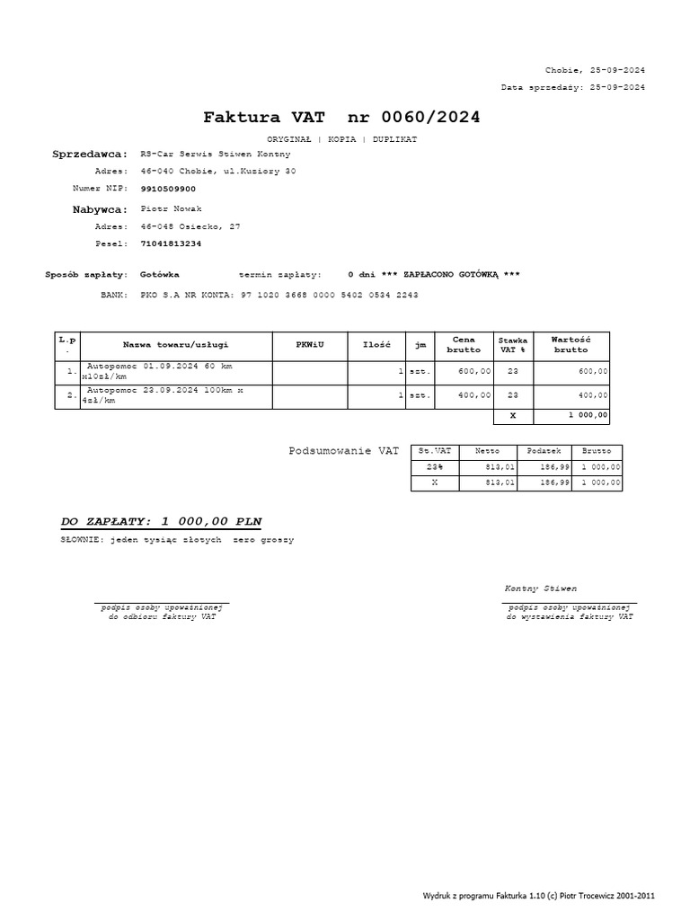Faktura VAT NR 0060/2024: Sprzedawca | PDF