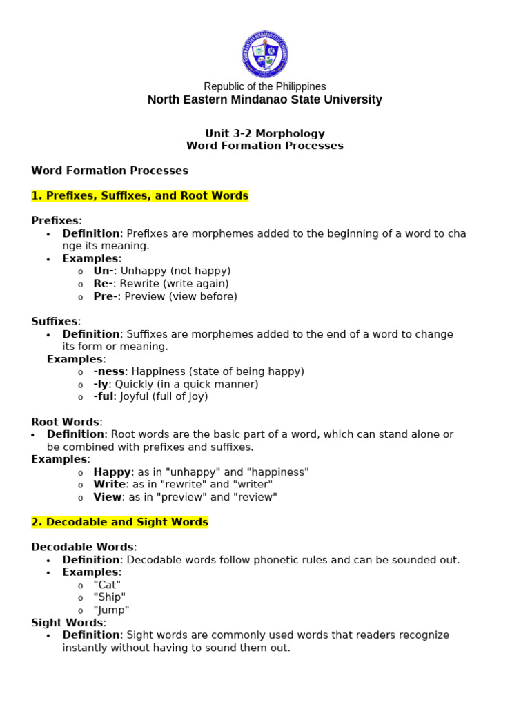 Unit 3 2 Morphology Word Formation Processes | PDF | Word | Morphology (Linguistics)