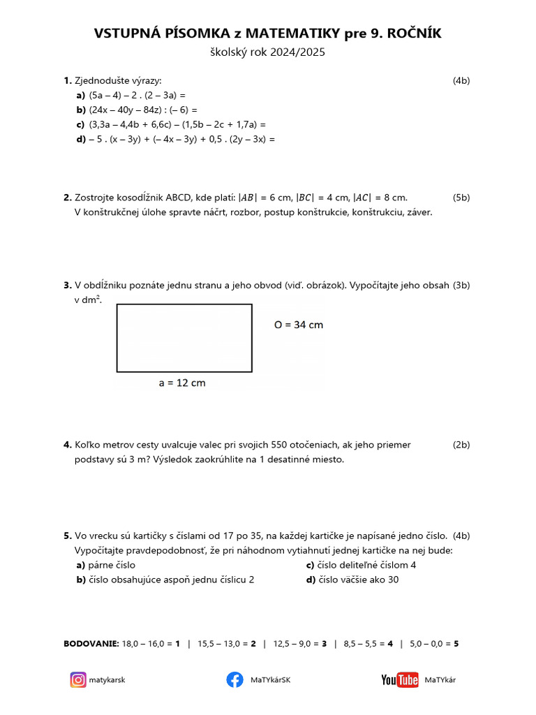Vstupná Písomka Pre 9. Ročník - 2024-2025 | PDF