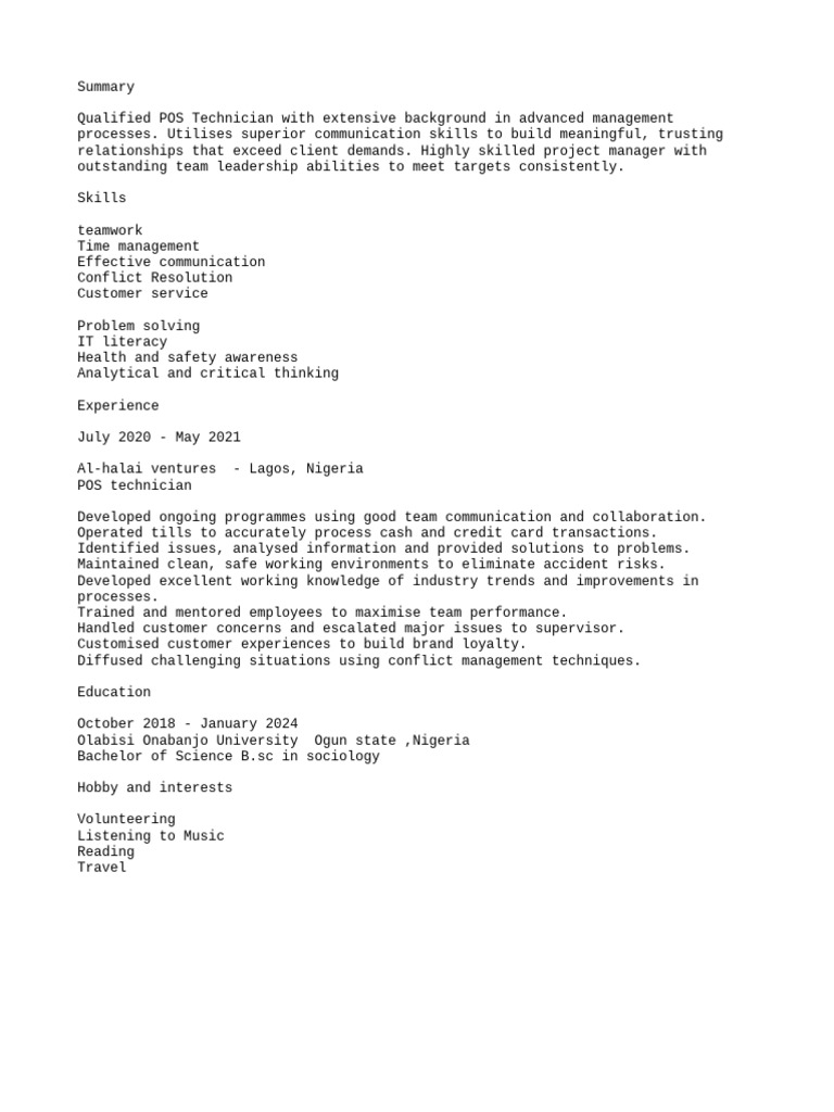 POS Technician Resume Summary | PDF