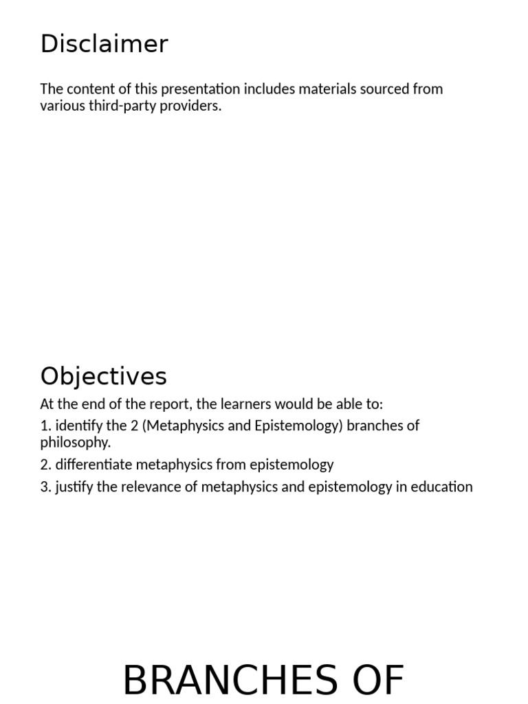 Branches of Philosophy Metaphysics Epistemology | PDF | Metaphysics ...