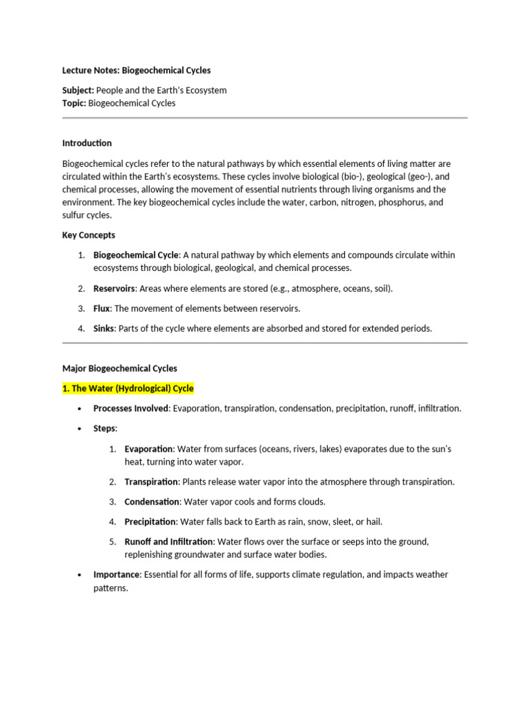 Lec Notes BIOGEOCHEMICAL CYCLES | PDF | Ecosystem | Soil