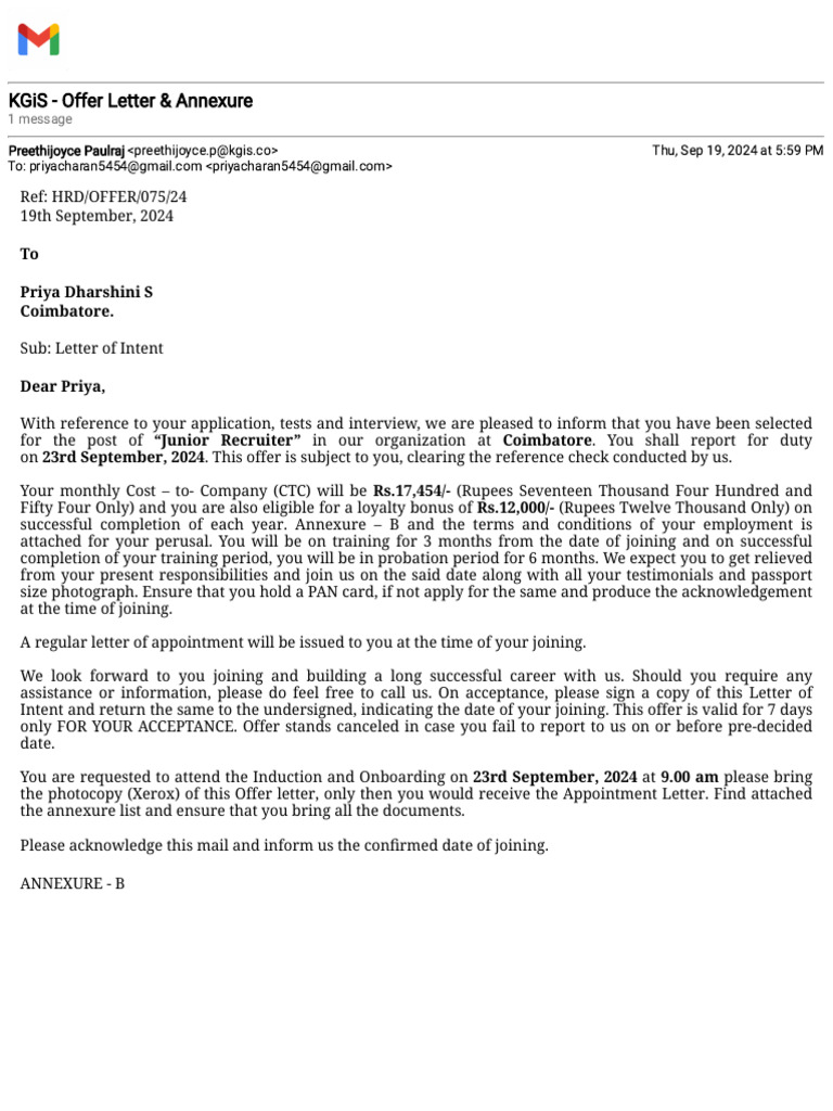 Gmail - KGiS - Offer Letter & Annexure | PDF | Career & Growth