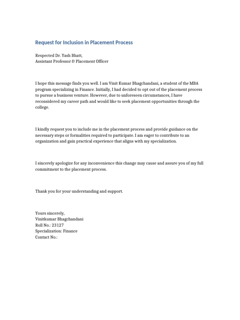 Updated Request For Inclusion in Placement Process | PDF