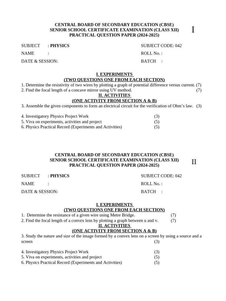 CBSE Class 12 Physics Practical Paper 2024-25 | PDF | Electrical ...