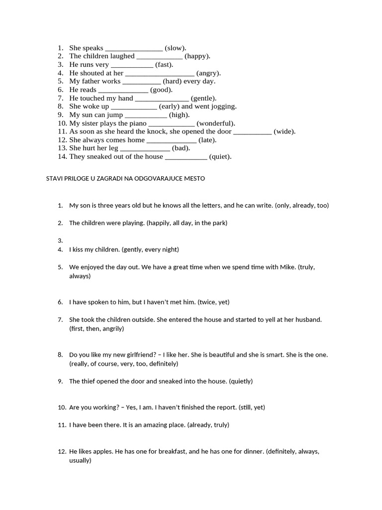 Adverbs Exercises Headway | PDF