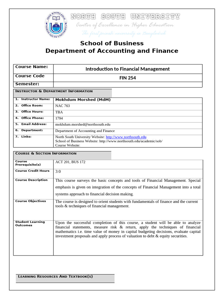 FIN254 Course Outline | PDF | Valuation (Finance) | Capital Budgeting