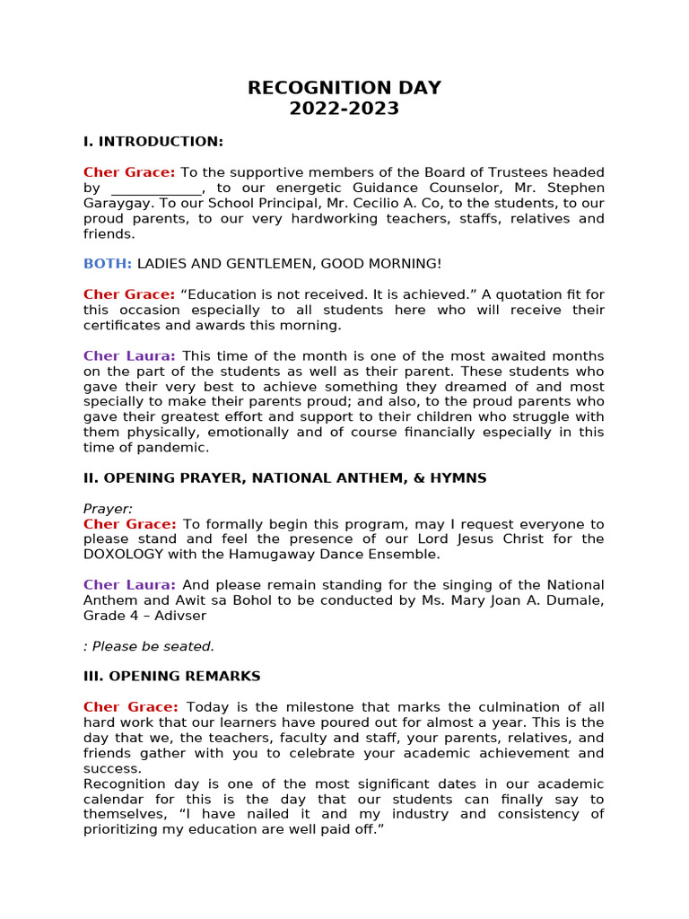 Recognition Day Script | PDF
