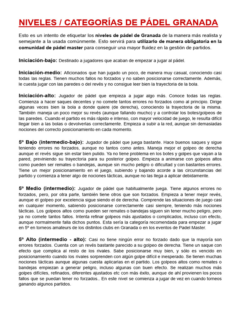 Niveles - Categorías Pádel Granada | PDF