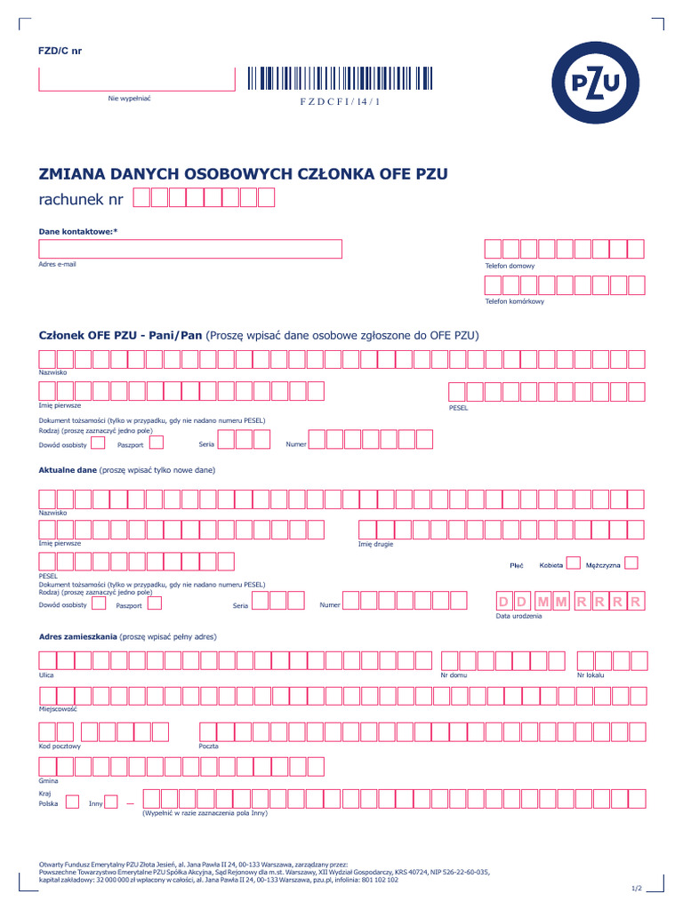 Druk Zmiana Danych Osobowych Czlonka Ofe Pzu | PDF