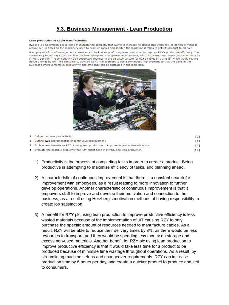 Lean Production Benefits for RZY plc | PDF | Lean Manufacturing | Economies