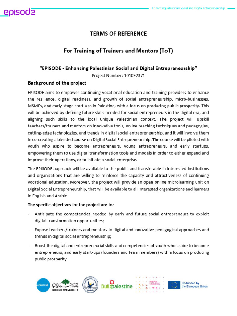 Trainers ToR - EPISODE | PDF | Entrepreneurship | Mentorship